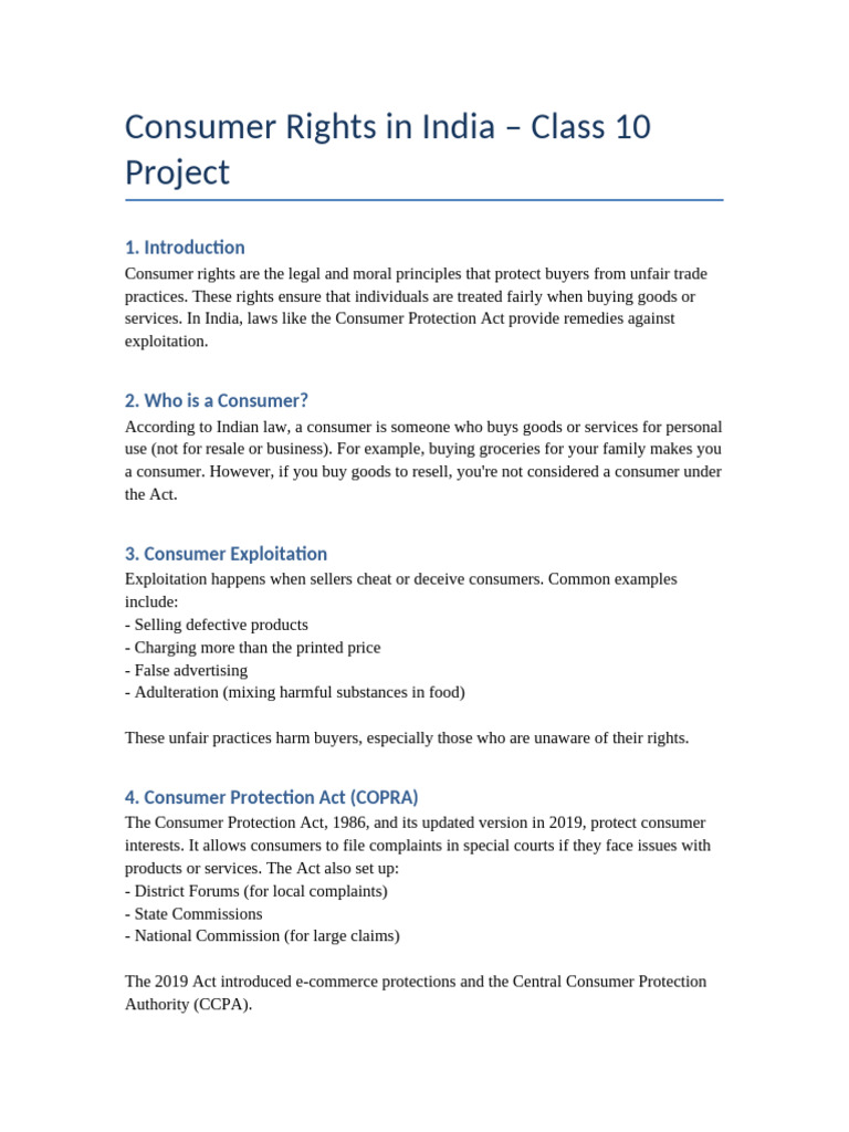 Consumer Rights Overview for Class 10 | PDF | Consumer Protection