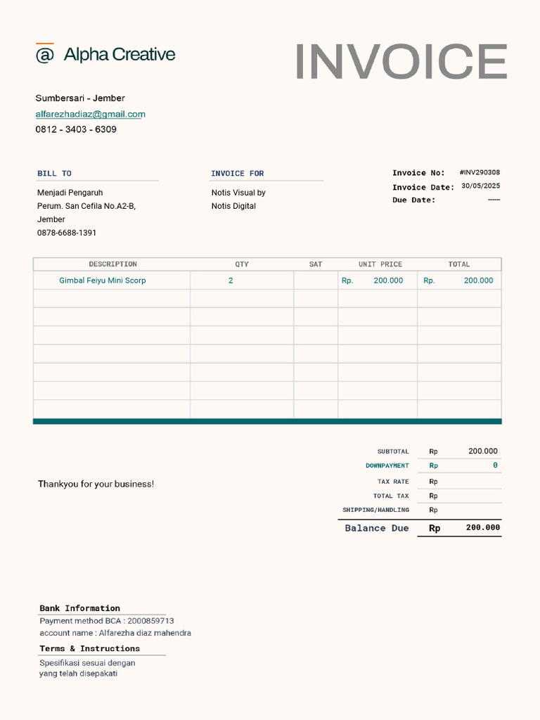 INVOICE ALPHA Creative - Sewa Gimbal Notis #290308 | PDF