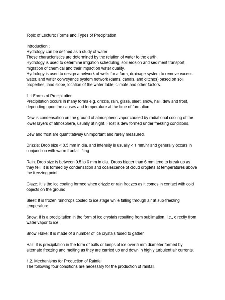 Topic of Lecture - Forms and Types of Precipitation | PDF | Precipitation | Water