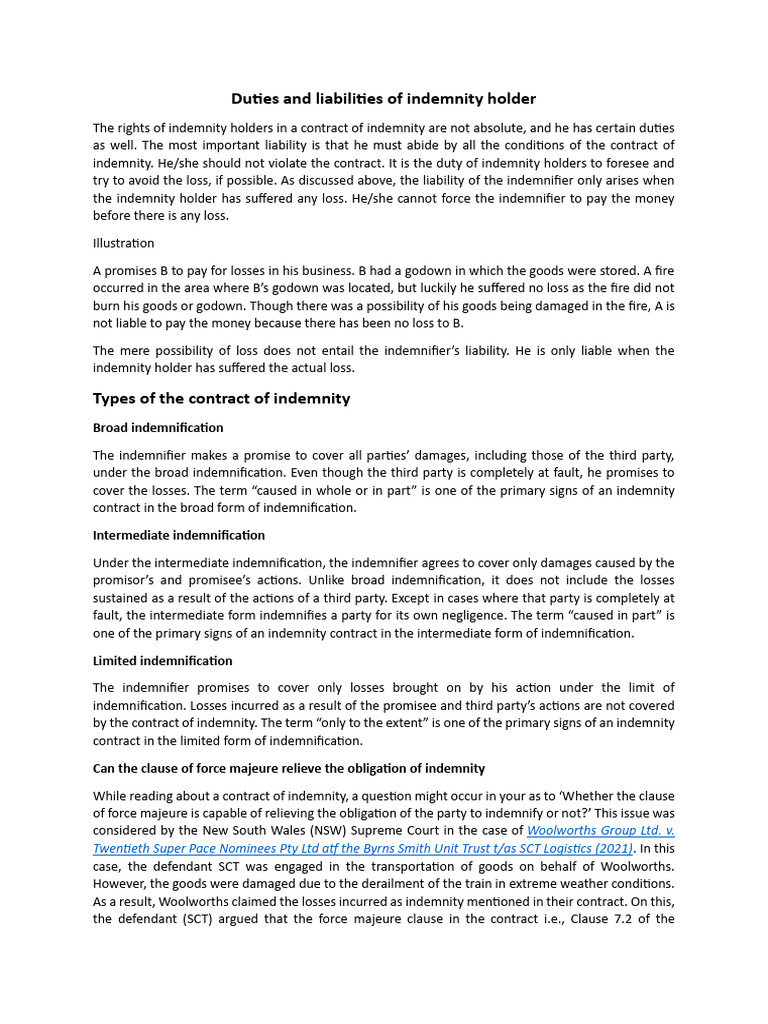 Duties and Liabilities of Indemnity Holder | PDF | Indemnity | Private Law