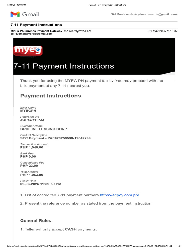 Gmail - 7-11 Payment Instructions | PDF | Payments | Services (Economics)