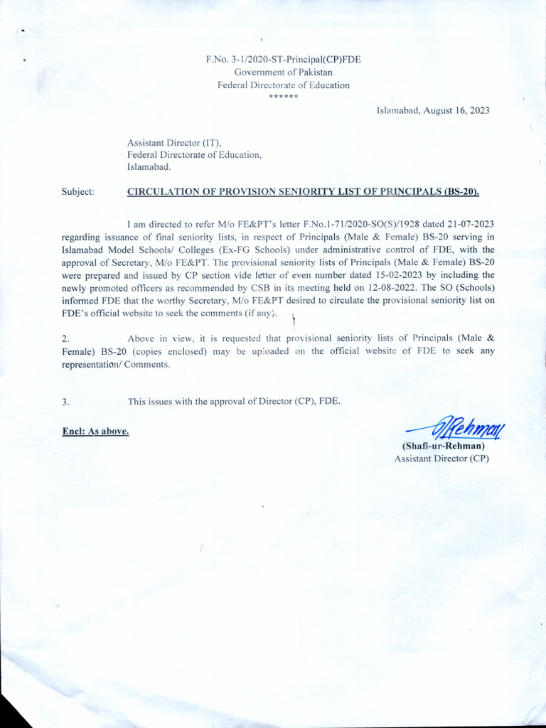 Calculation of Provision Seniority List of Principals Bs 20 | PDF