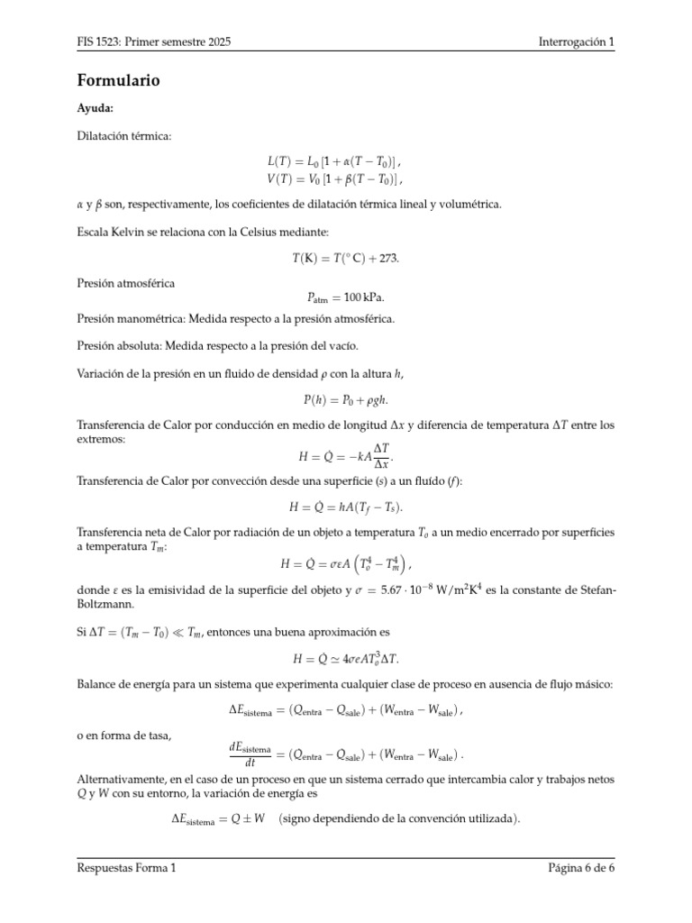 Formulario I 1 Termodinamica 1er Sem 2025 | PDF | Temperatura | Transferencia de calor