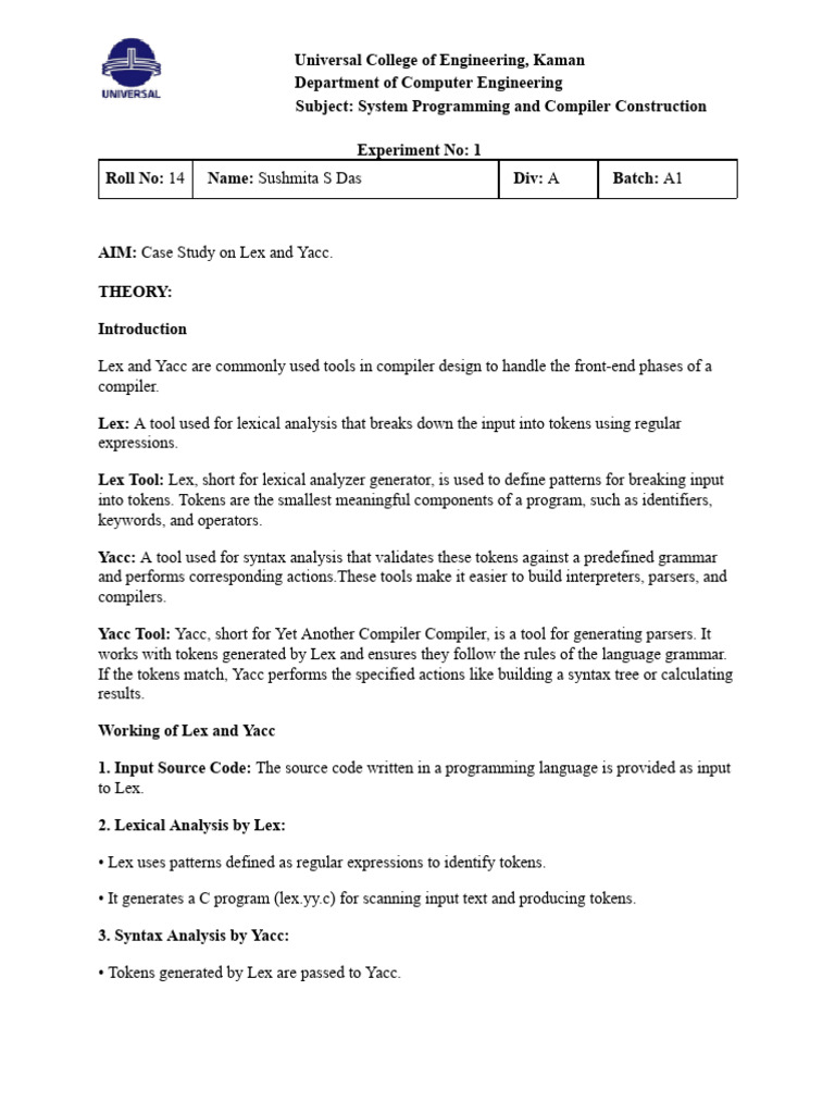 Lex and Yacc in Compiler Design | PDF | Parsing | Compiler