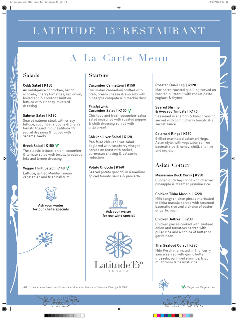 Latitude 15 Restaurant 2023 Menu | PDF | Salad | Desserts