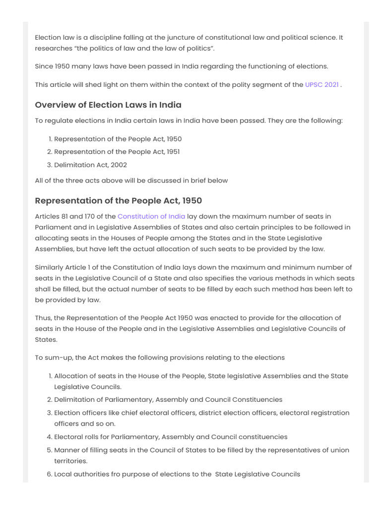 Overview of Indian Election Laws | PDF | Elections | Legislature