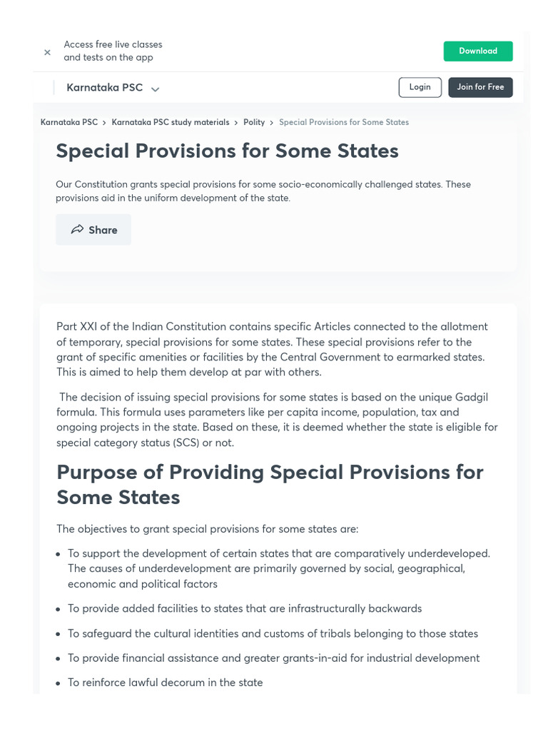Unacademy Com Content Karnataka PSC Study Material Polity Special Provisions For... | PDF ...
