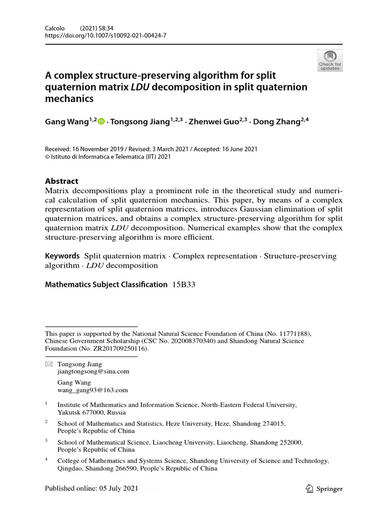 [6]Calcolo-A Complex Structure‑Preserving Algorithm for Split | PDF | Matrix (Mathematics ...