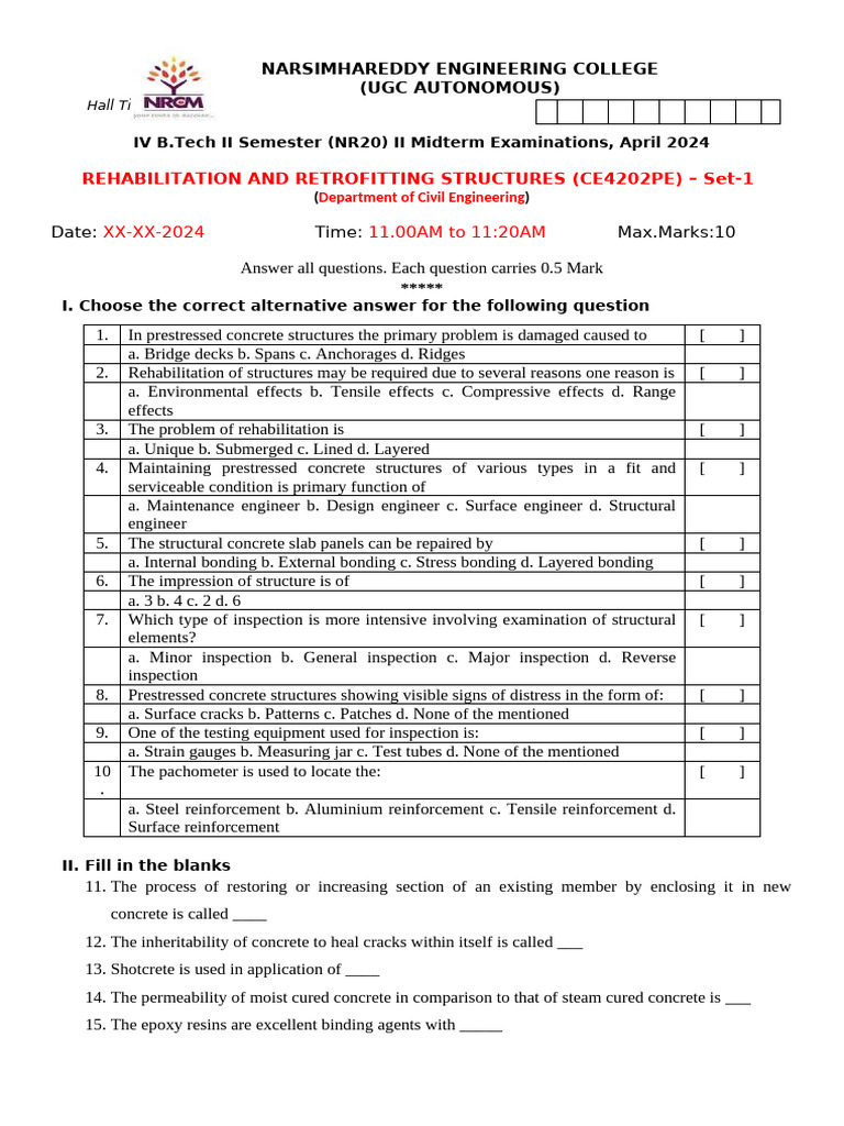 RRS-Mid-2 Exam - NR20 - Objective Paper | PDF | Concrete | Prestressed ...