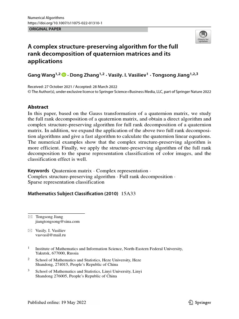 Numerical Algorithms A Complex Structure Preserving Algorithm For The Full Pdf Matrix