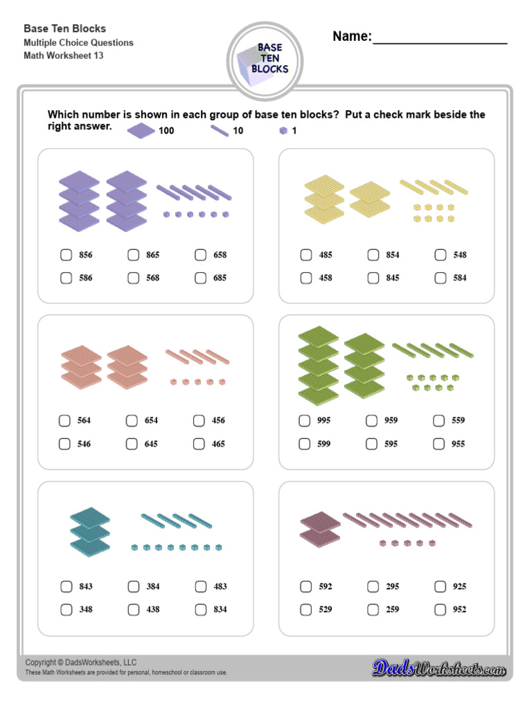 Base Ten Blocks Multiple Choice Questions v1 | PDF
