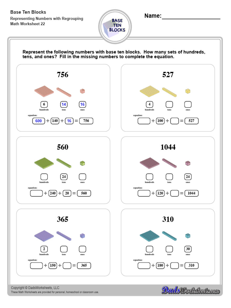 Base Ten Blocks Representing Numbers With Regrouping v6 | PDF