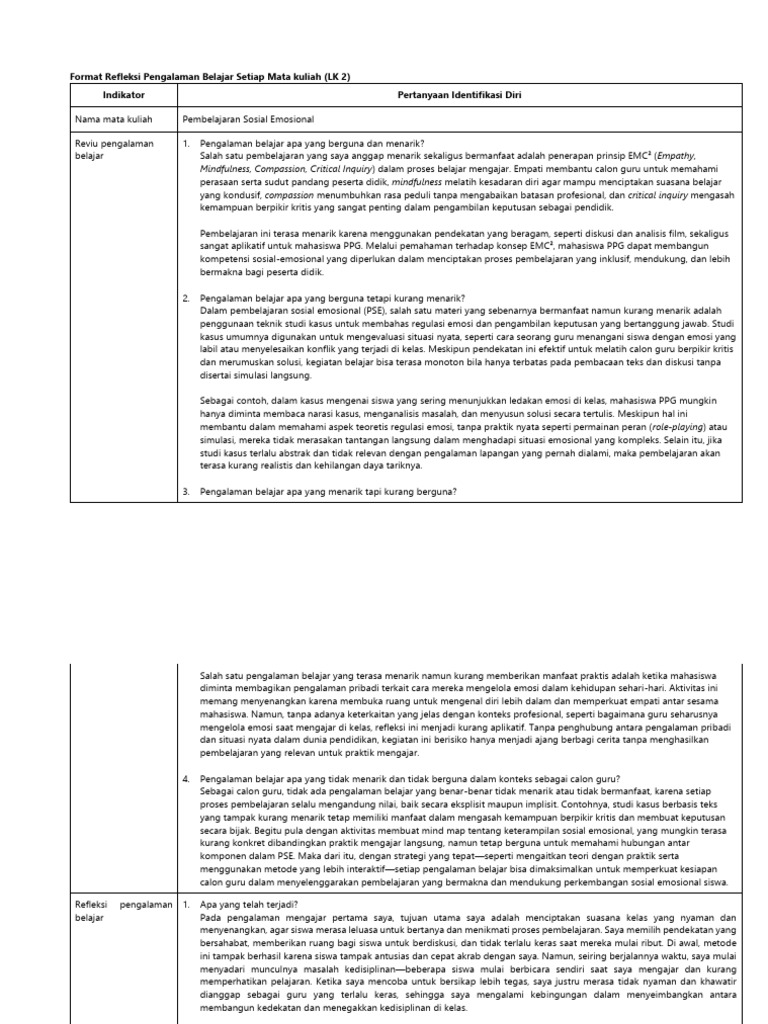 Jurnal Refleksi - Rizky Ulfa - Pembelajaran Sosial Emosional | PDF