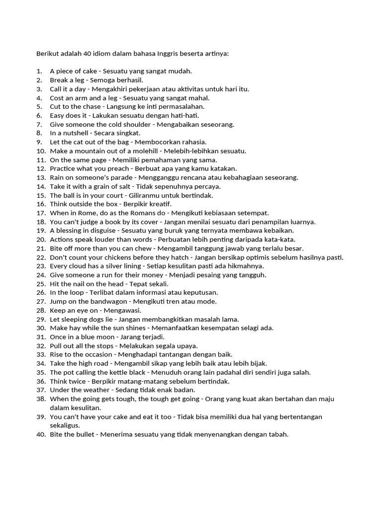 Berikut Adalah 40 Idiom Dalam Bahasa Inggris Beser | PDF