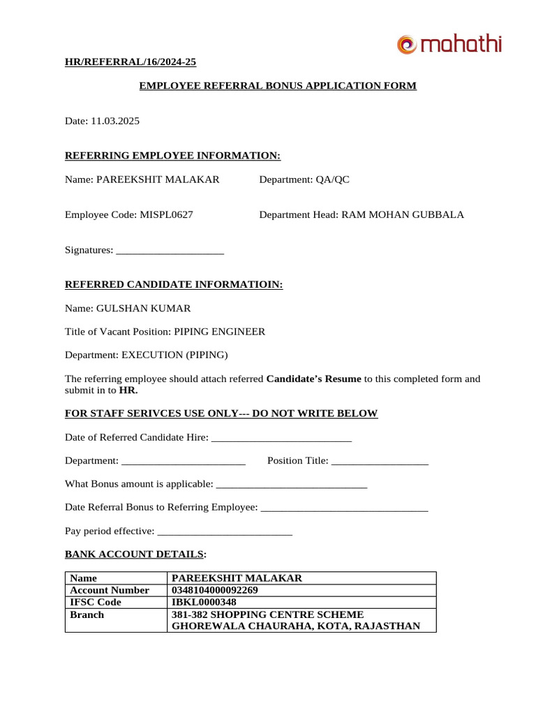Refferal Bonus Form - 2025 | PDF