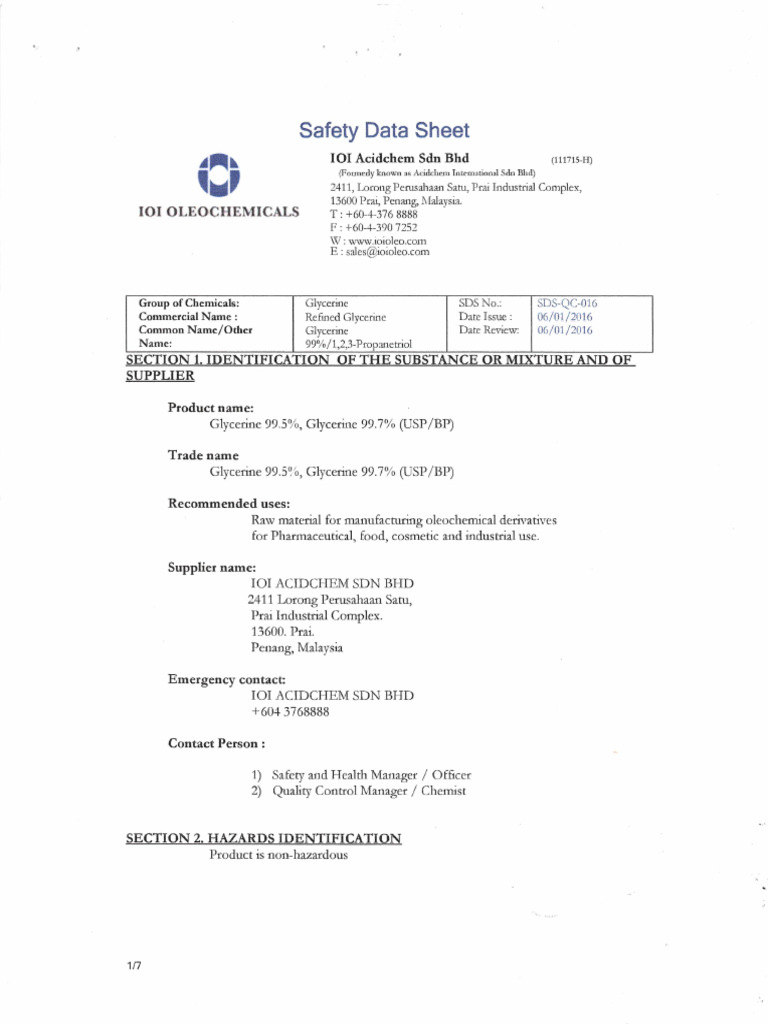 Msds Glycerin Ioi CB | PDF