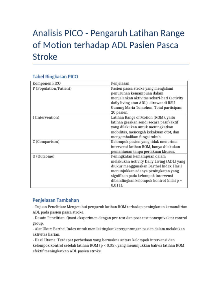 Analisis PICO ROM ADL Stroke | PDF
