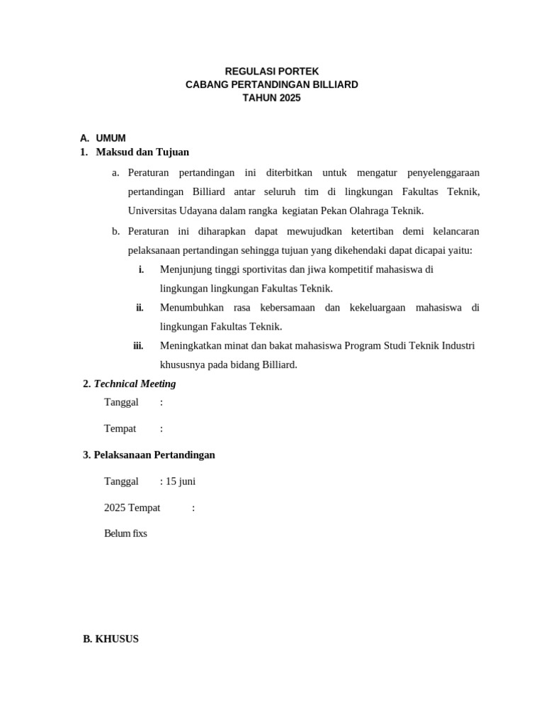 Regulasi Pertandingan Billiard 2025 | PDF