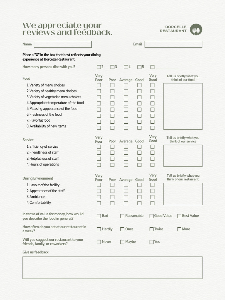 Green Professional Restaurant Survey Form Document A4 | PDF