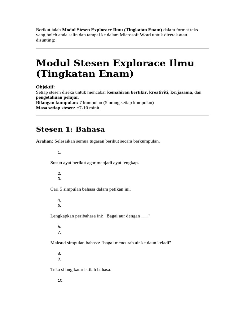 Berikut Ialah Modul Stesen Explorace Ilmu | PDF