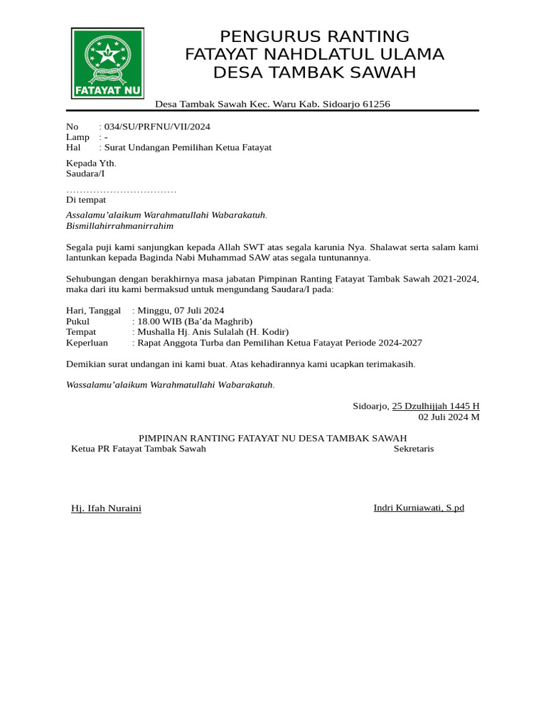 Surat Undangan Fatayat | PDF