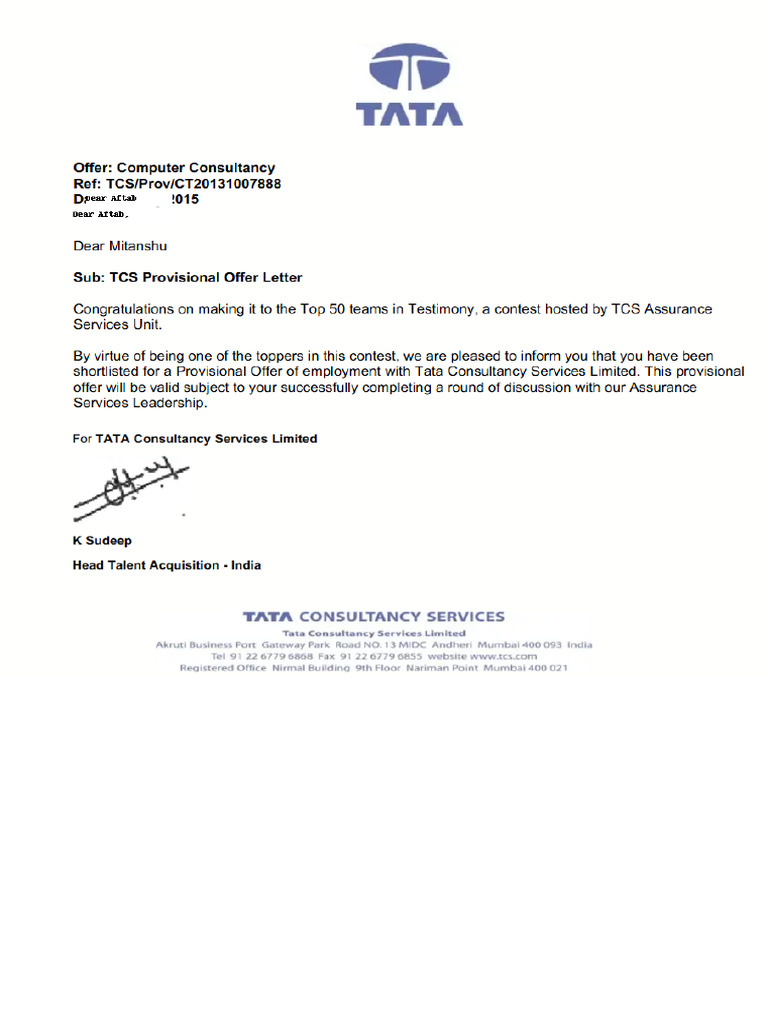 Corrected TCS Offer Letter Aftab | PDF