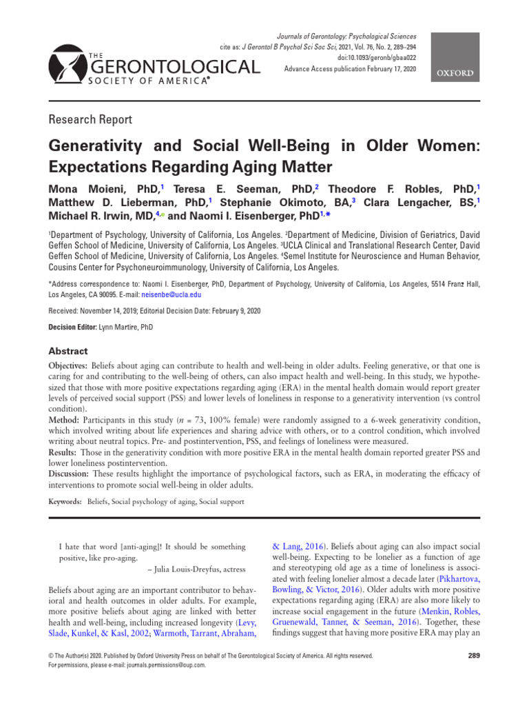 Generativity and Social Well-Being in Older Women Moieni | PDF ...