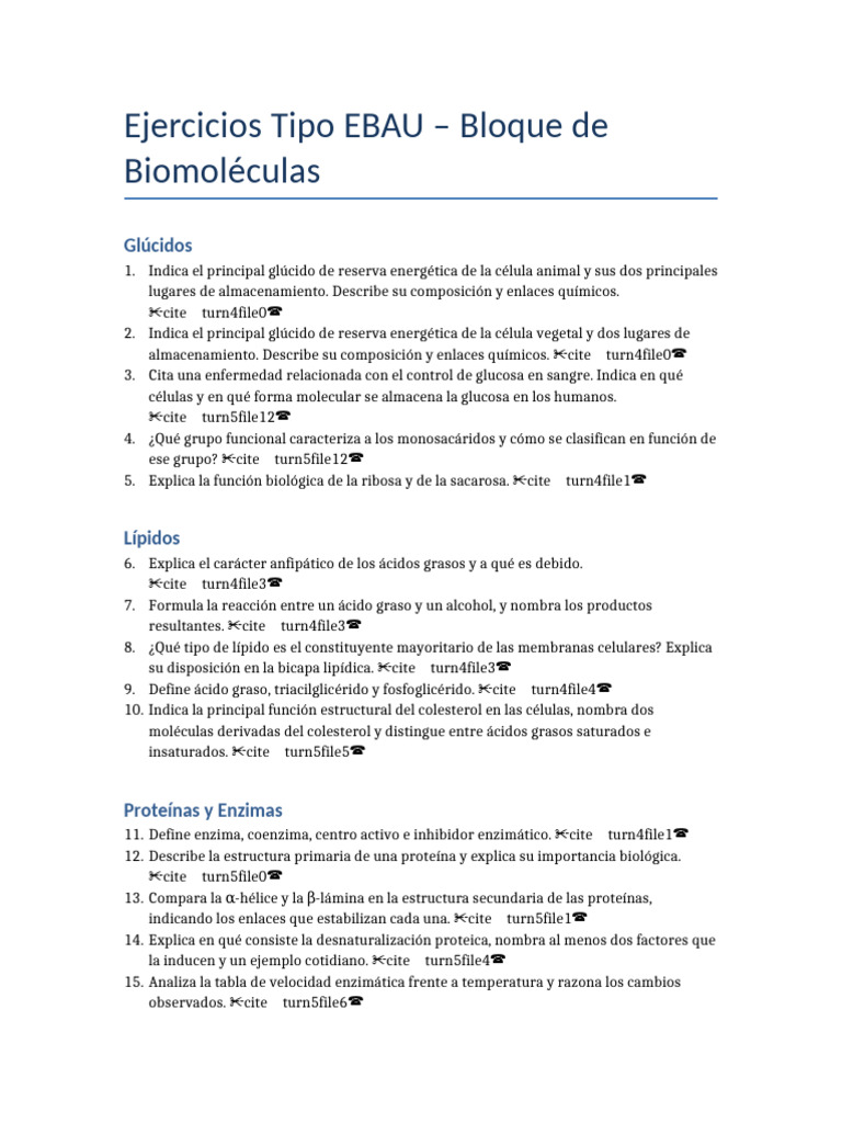 Ejercicios Biomoleculas EBAU | PDF | Proteínas | Lípido