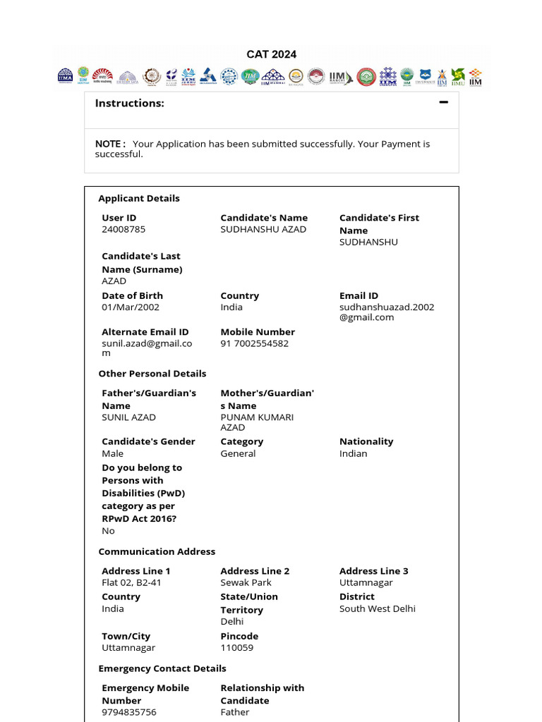 CAT 2024 Application Confirmation | PDF