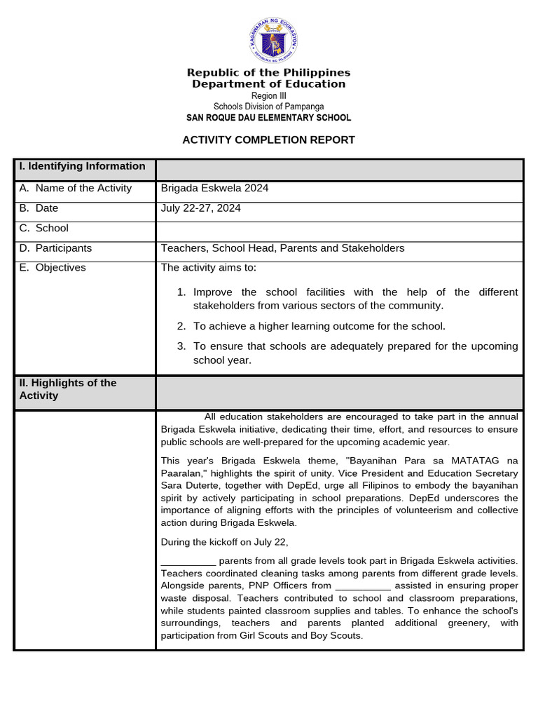 ACR Brigada Eskwela 2024 | PDF | Teachers | Schools