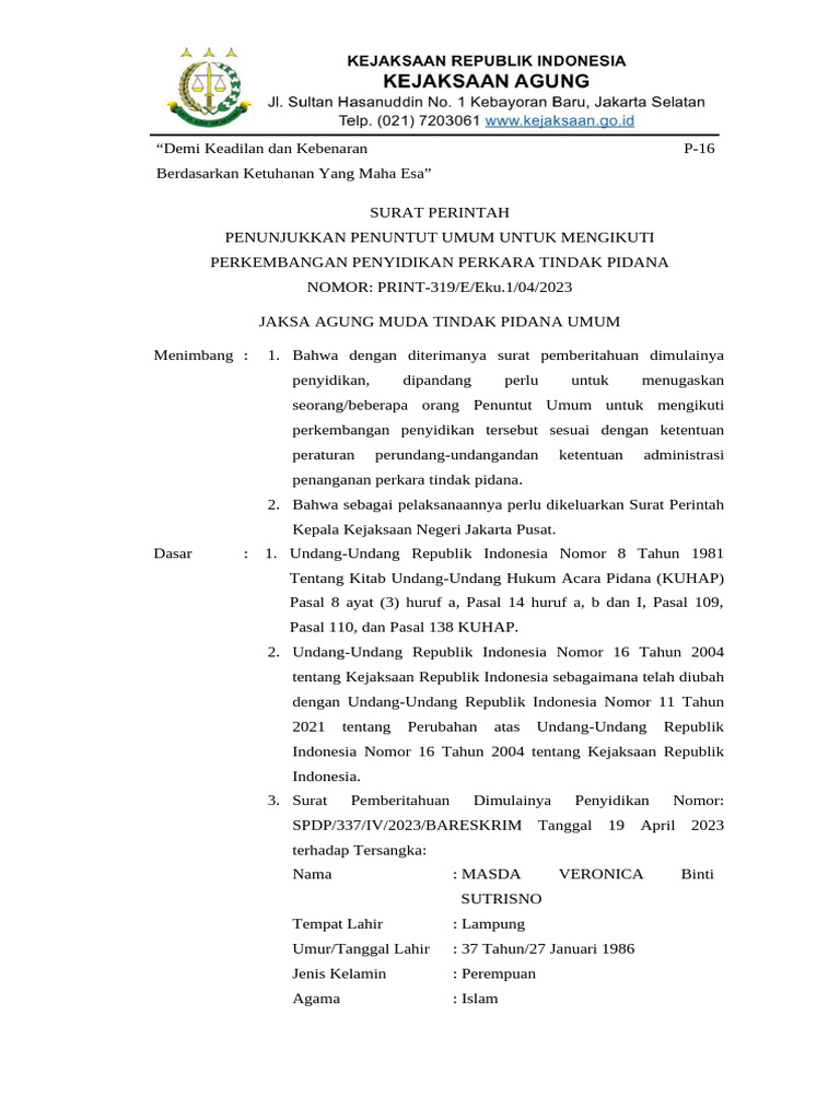 1 P-16 Surat Perintah Penunjukkan JPU Untuk Mengikuti Perkembangan ...
