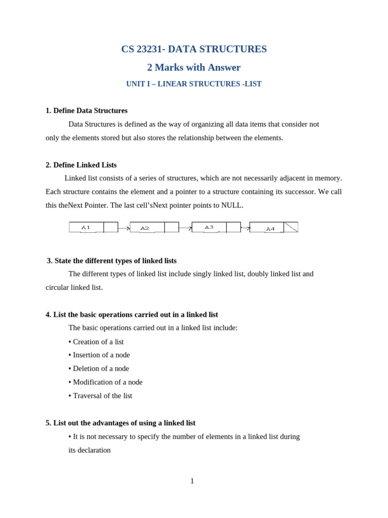 CS23231-Data Structure - 2mark (Unit I - III) | PDF | Queue (Abstract Data Type) | Algorithms ...