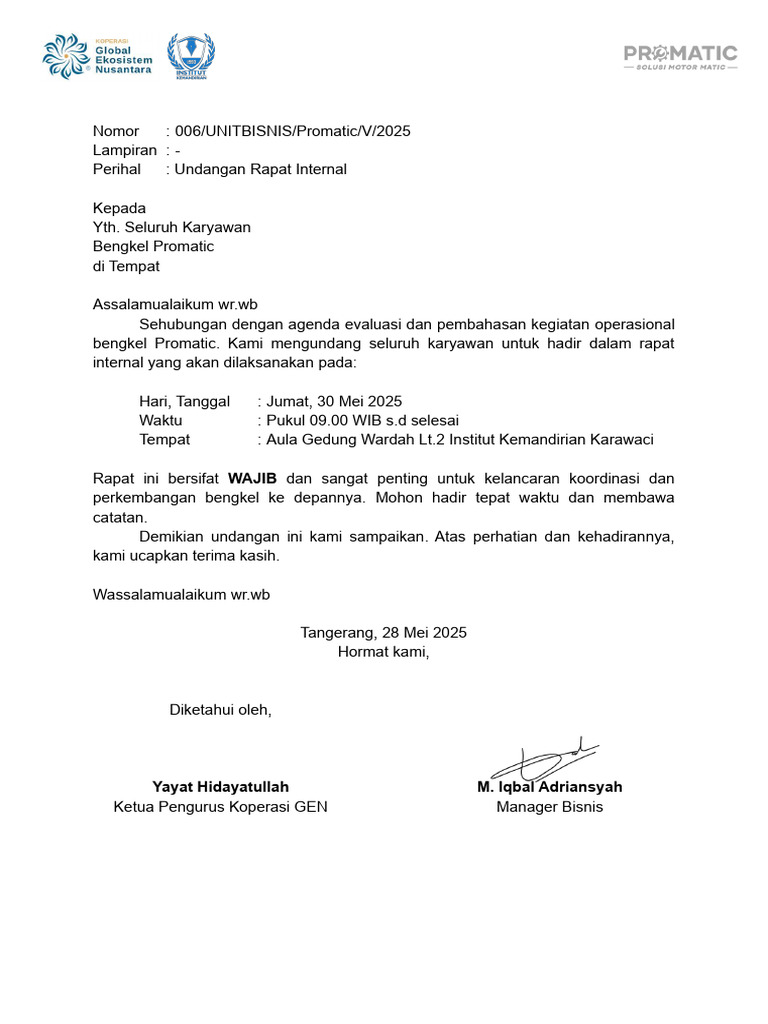 Undangan Rapat Internal Karyawan | PDF