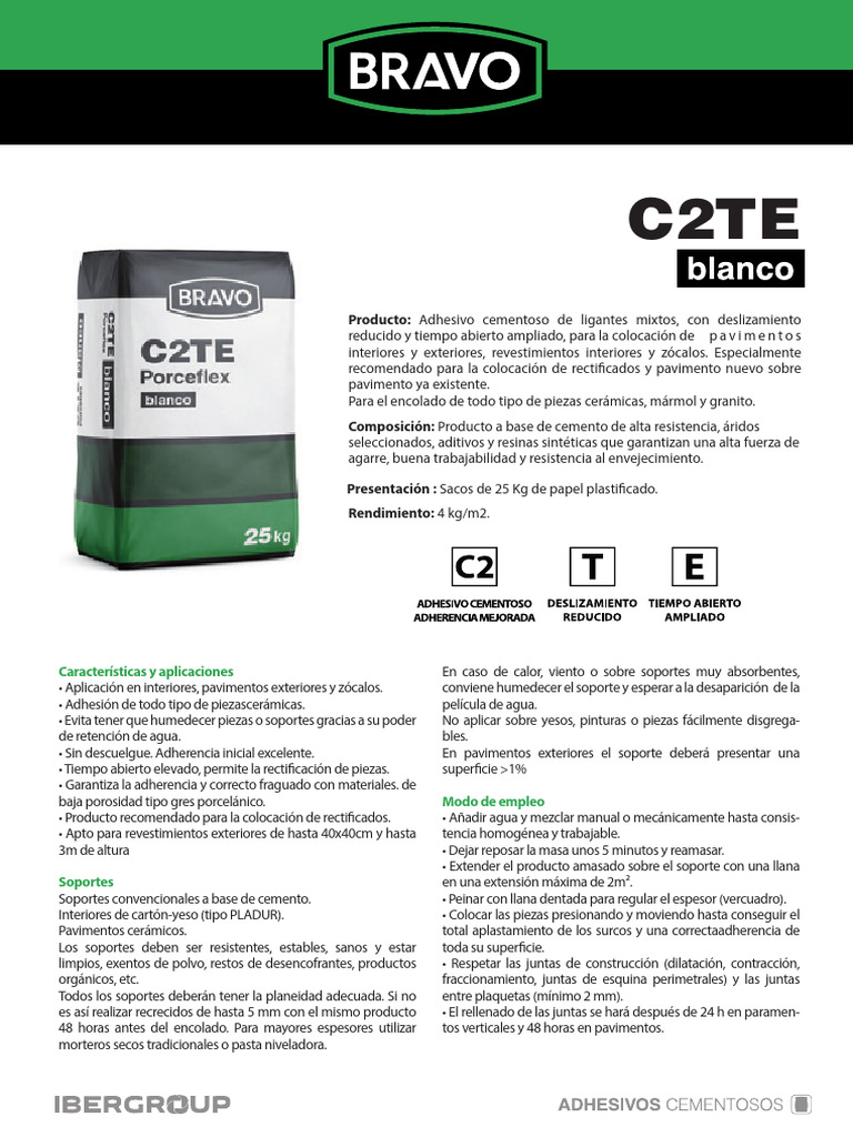 BRAVO Cemento Cola Porceflex Blanco C2 TE Ficha Técnica CP | PDF ...