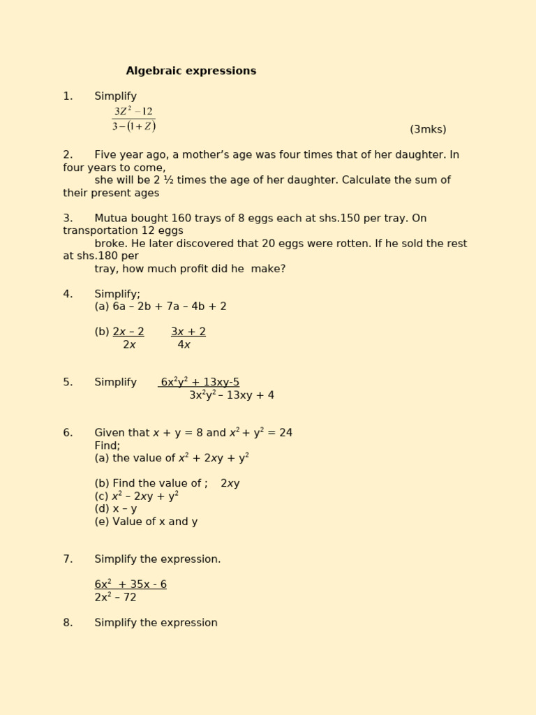 Algebraic Expressions Qns | PDF
