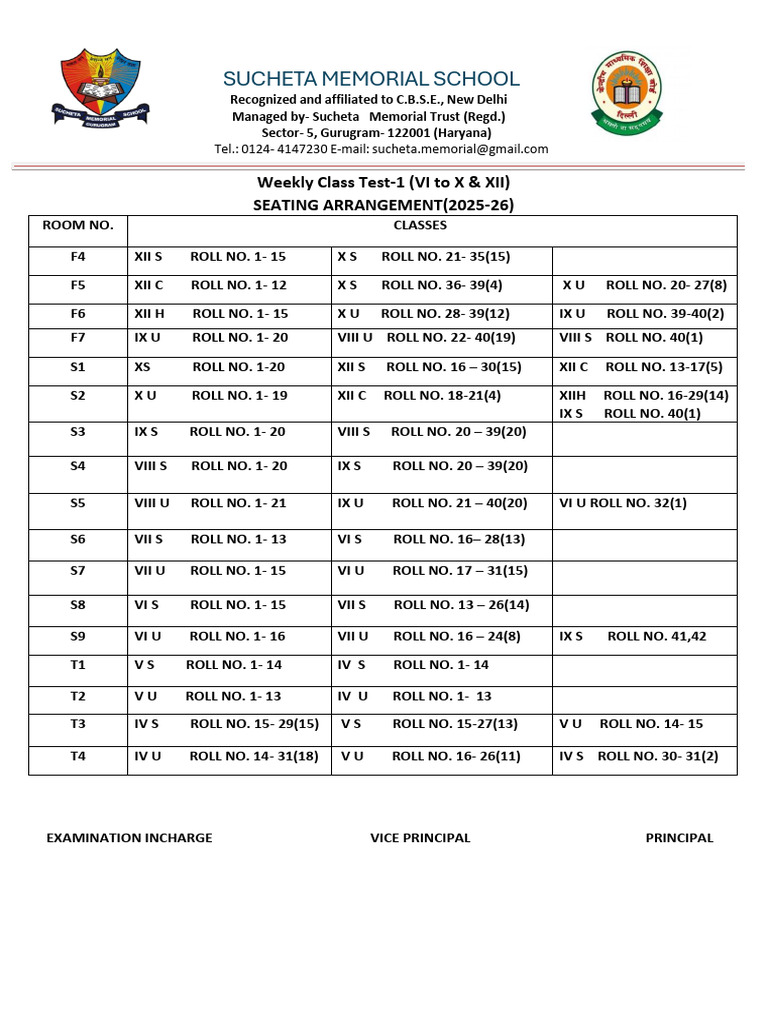 Weekly Class Test Seating Arrangement | PDF