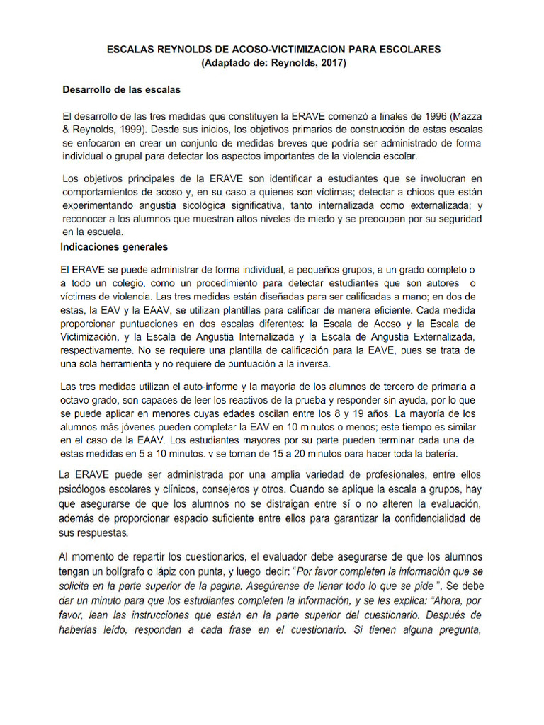 Ficha Técnica de Las Escalas Reynolds de Acoso Escolar | PDF