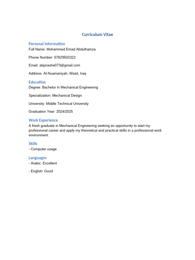 CV Mohammed Emad English | PDF