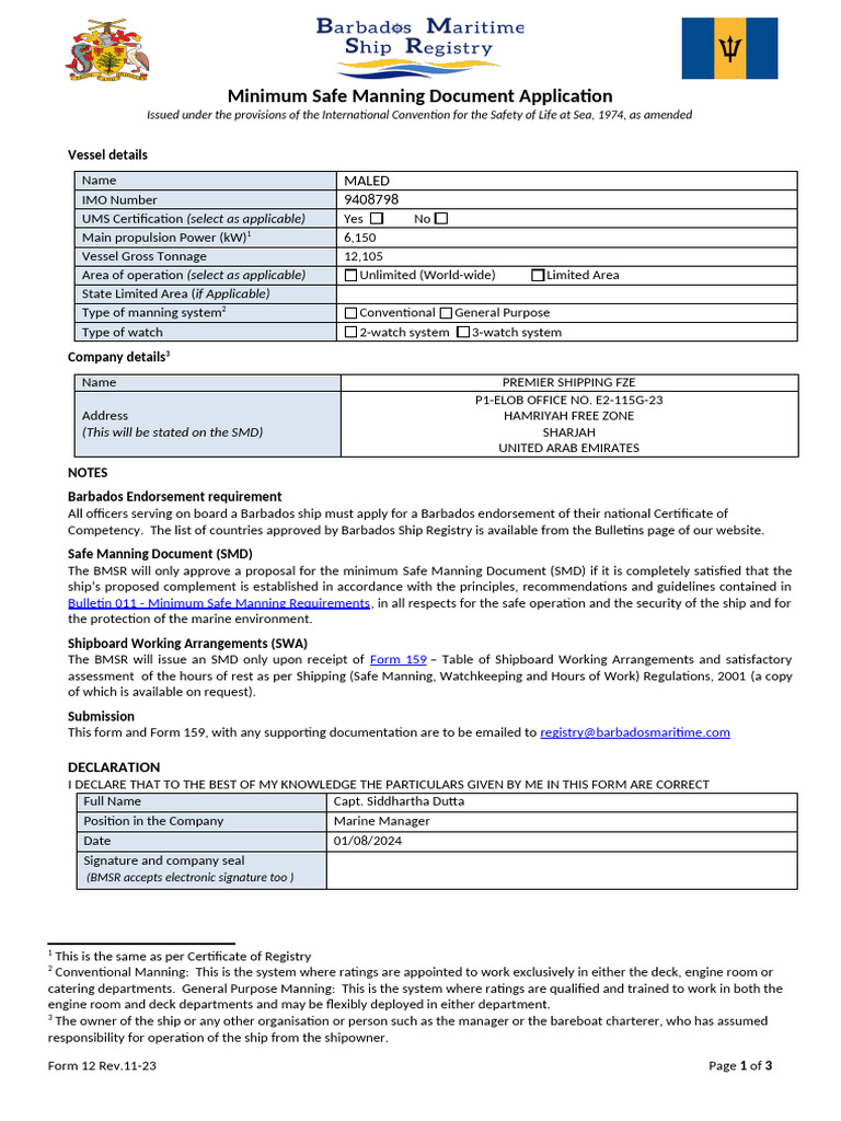 Form 12 Minimum Safe Manning Document Application Rev.11 23 BMSR | PDF | Ships | Shipping
