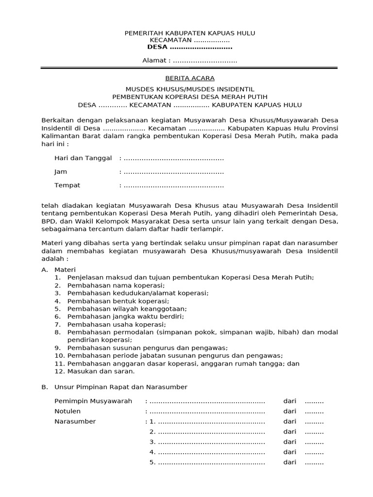 DRAFT - BA. Musdes Pendirian Kopdes Merah Putih | PDF