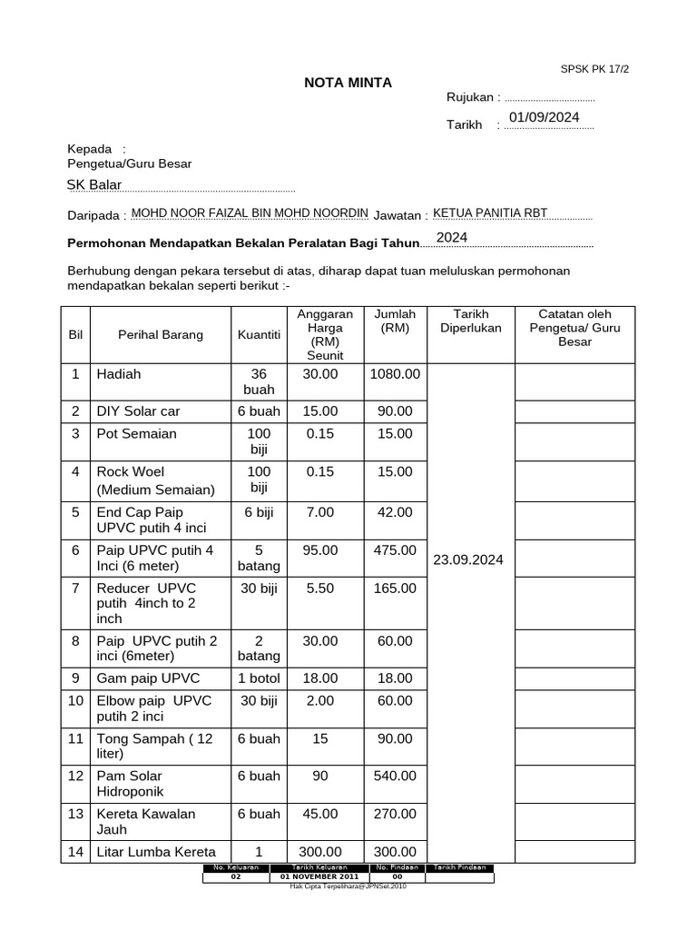 Nota Minta RBT 2024 | PDF