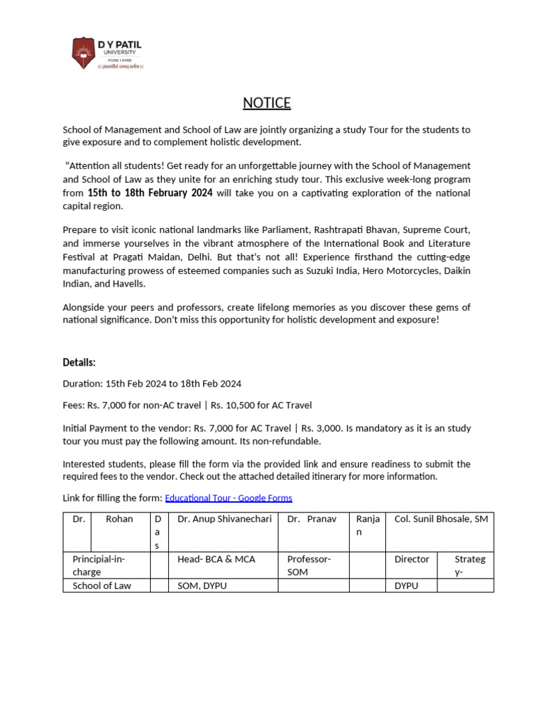 DPU Notice For Study Tour 2024 | PDF