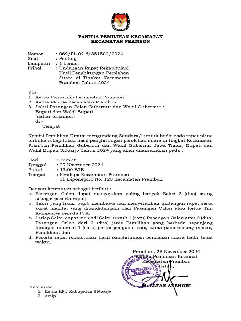 Undangan Rekapitulasi Perolehan Suara Pilkada 2024 | PDF