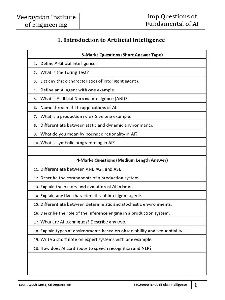 FAI IMP Questions (Unit Wise) | PDF | Deep Learning | Artificial Intelligence
