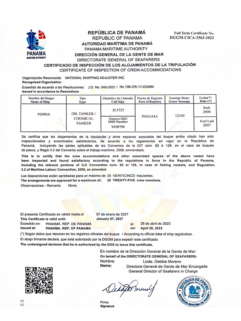 Crew Accommodation Certificate - Panama | PDF