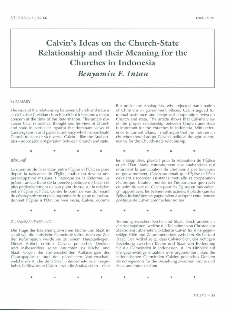 B.F. Intan - Calvin's Ideas On The Church-State Relationship and Their ...