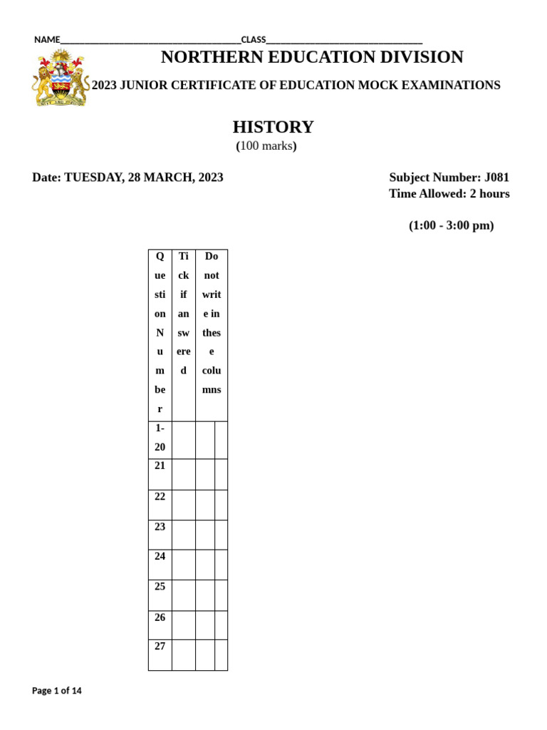 2023 Junior Certificate History Mock Exam | PDF | Africa | Renaissance