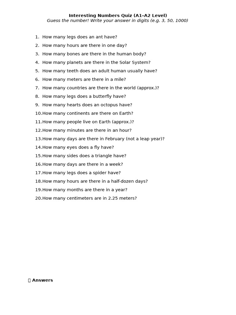 Interesting Numbers Quiz for Adults | PDF