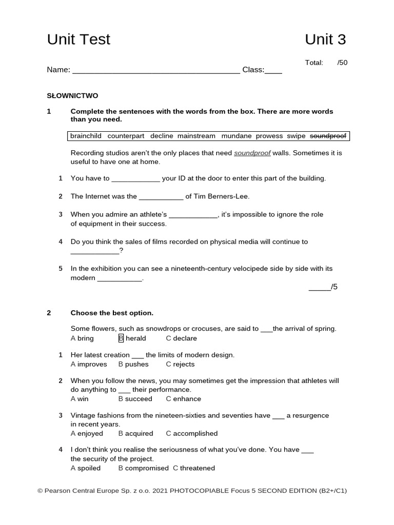 Focus 5 Unit 3 Test Answer Key | PDF