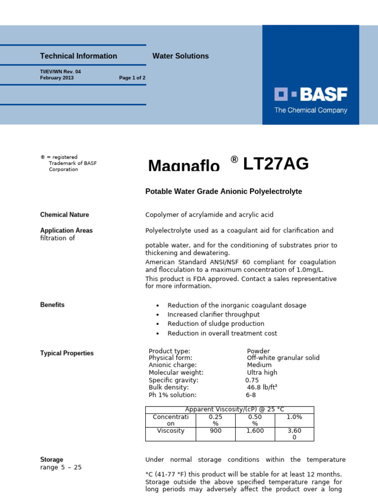 BASF LT27AG Water Treatment Polyelectrolyte | PDF | Chemical Substances ...